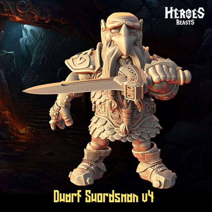3D Printable dwarf swordsman v4 by Heroes and Beasts