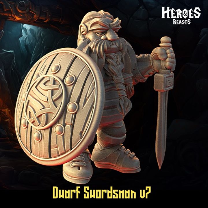 3D Printable dwarf swordsman v7 by Heroes and Beasts