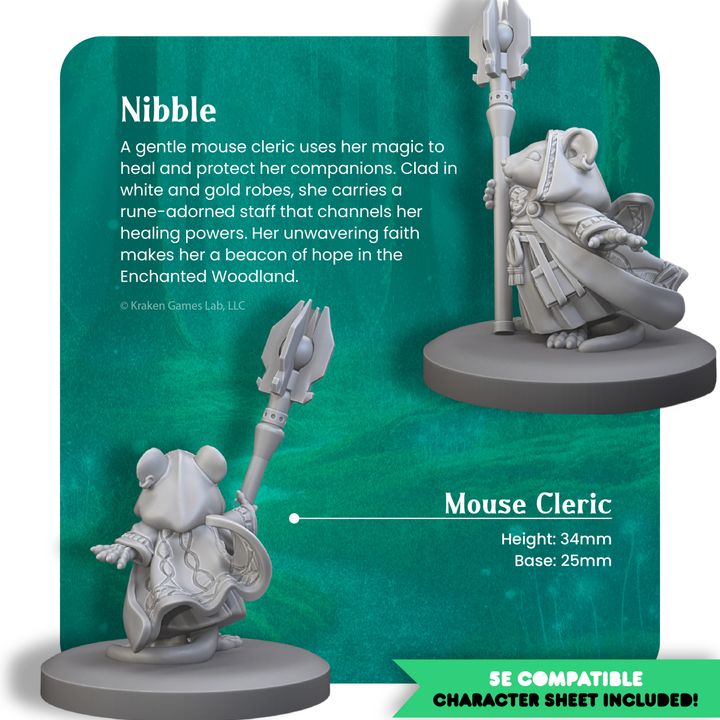 3D Printable Nibble - Mouse Cleric by Kraken Games Lab