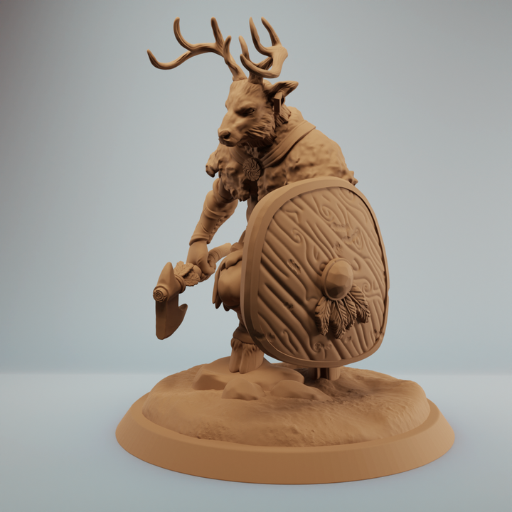 3D Printable Deerfolk Cervan Deer Warrior with axe and shield walking ...