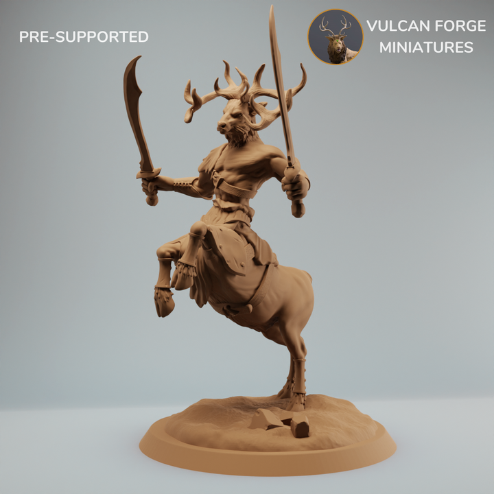3D Printable Deer Centaur with swords, Cervan Centaur - supported by Vulcan Forge Miniatures