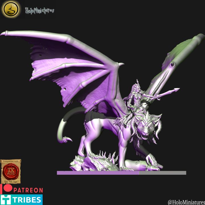 3D Printable Dark elves Witch Queen on Manticore by HoloMiniatures