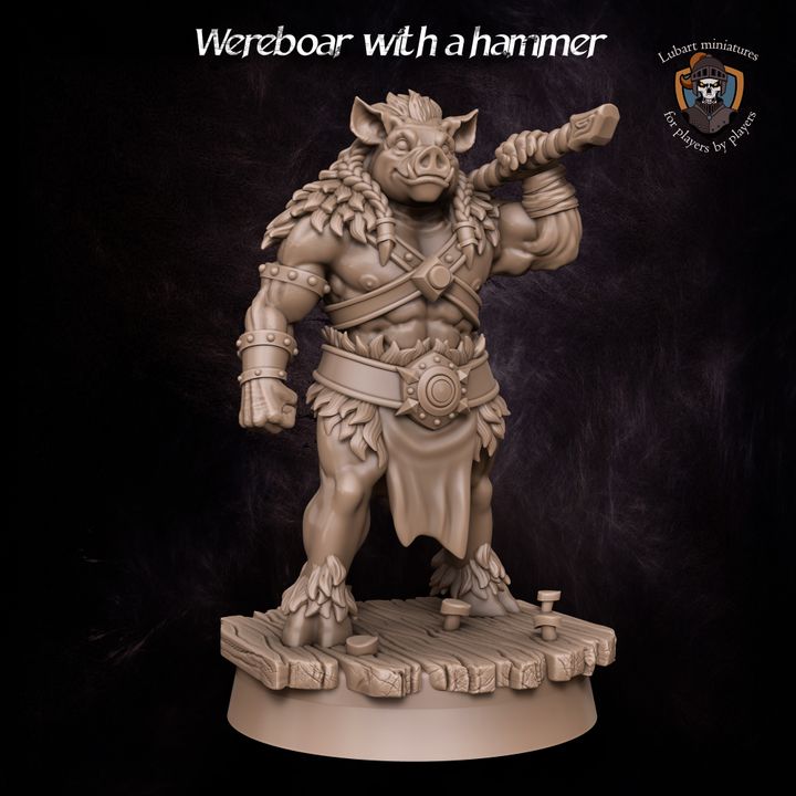 3D Printable Wereboar with a hammer by Lubart Miniatures