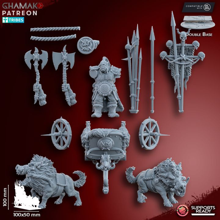 3D Printable Orc Chieftain on wild boar chariot by Ghamak