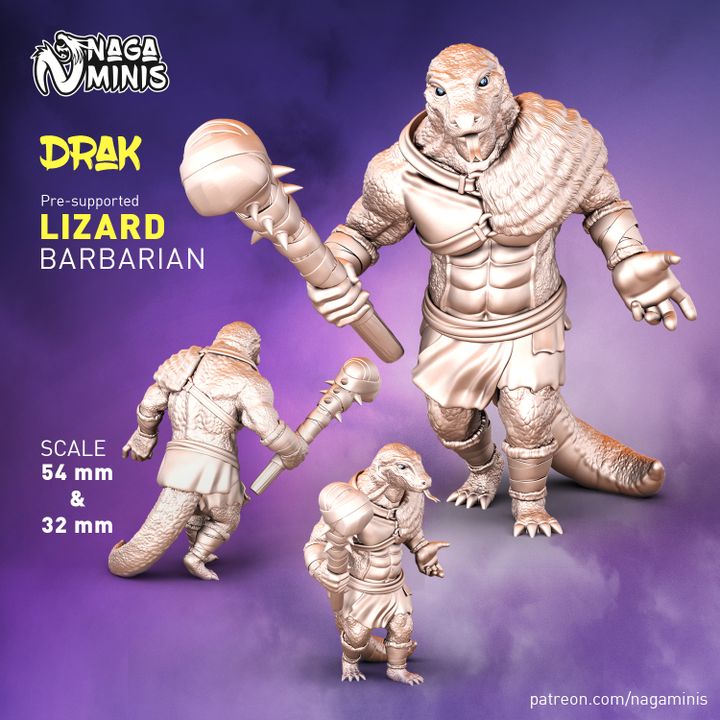 3D Printable (Pre-supported) Lizard Folk Barbarian by Naga Minis