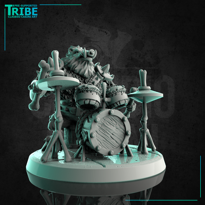 3D Printable (0258) Male boar folk bard with rock drums and rock soul ...