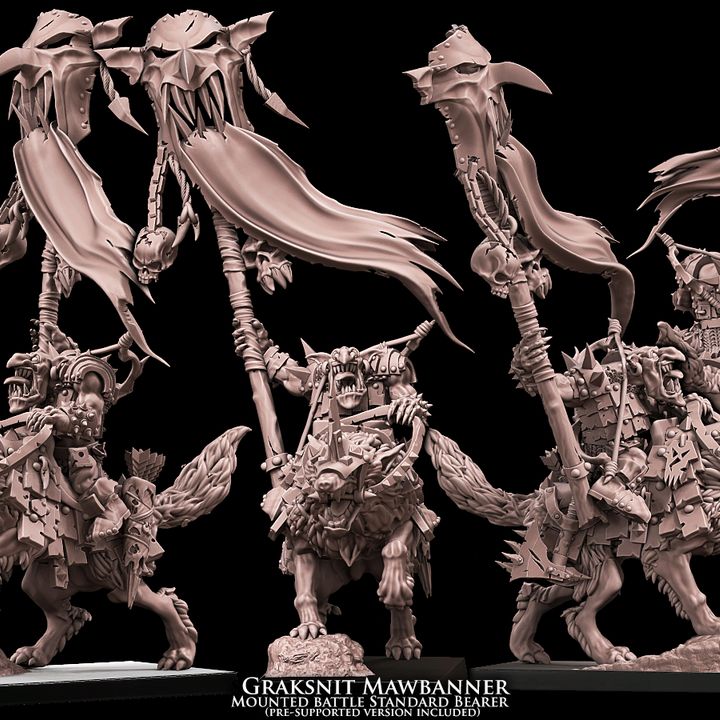 3D Printable Goblin mounted Battle Standard Bearer by Avatars of War