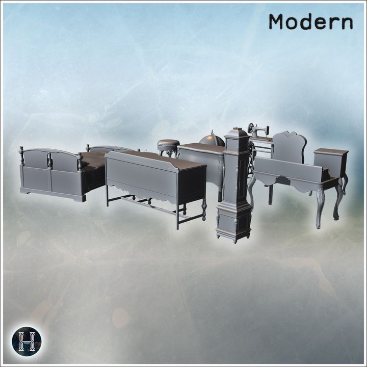 3D Printable Assorted antique furniture with sewing machine, globe ...