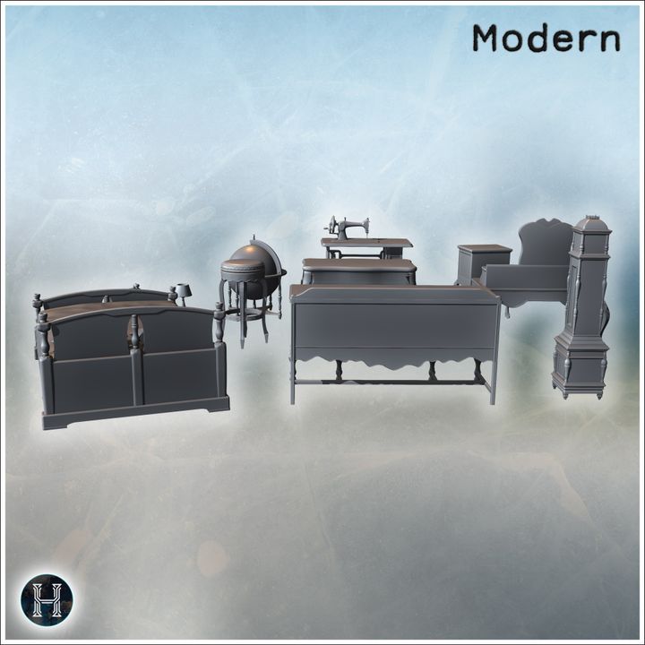 3D Printable Assorted antique furniture with sewing machine, globe ...