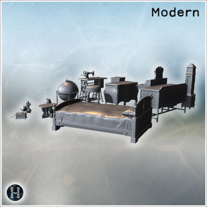 3D Printable Assorted antique furniture with sewing machine, globe ...