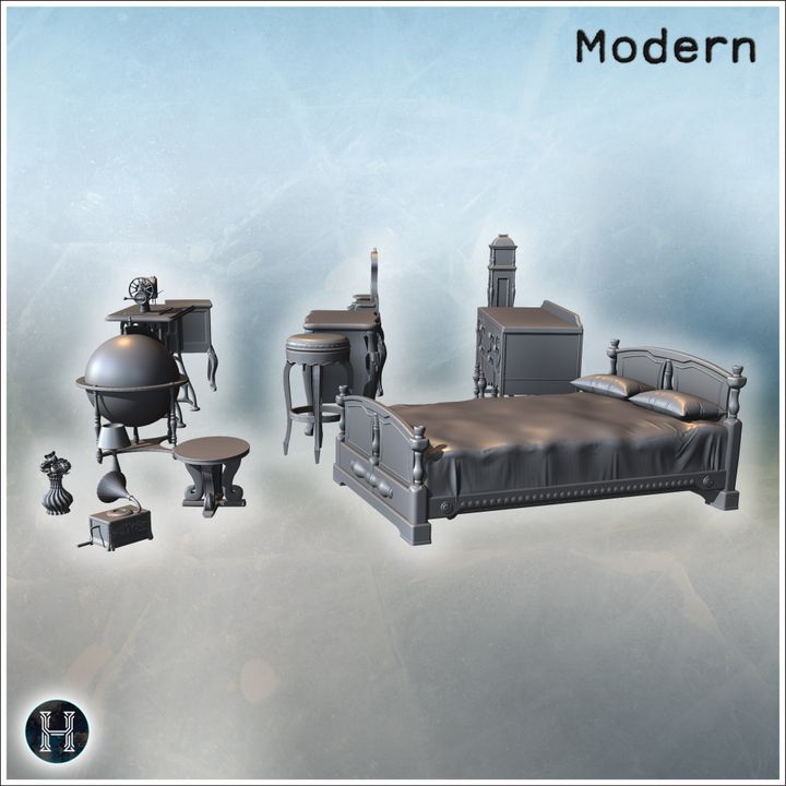 3D Printable Assorted antique furniture with sewing machine, globe ...