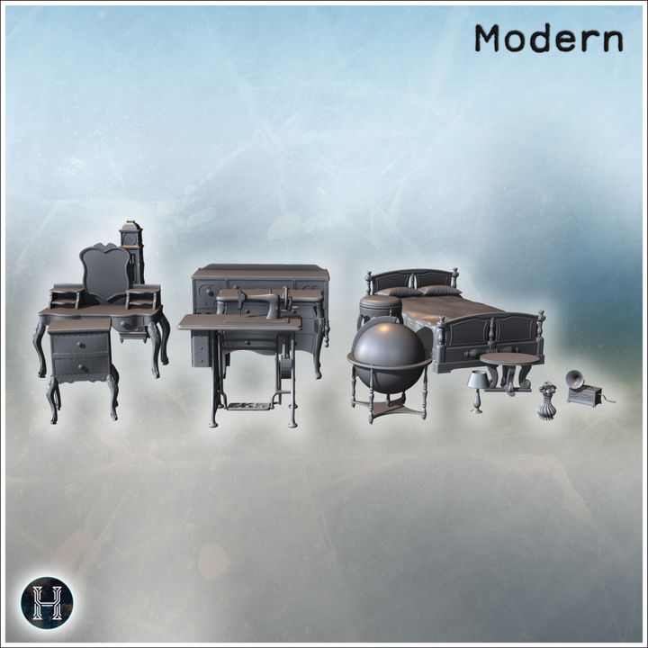 3D Printable Assorted antique furniture with sewing machine, globe ...