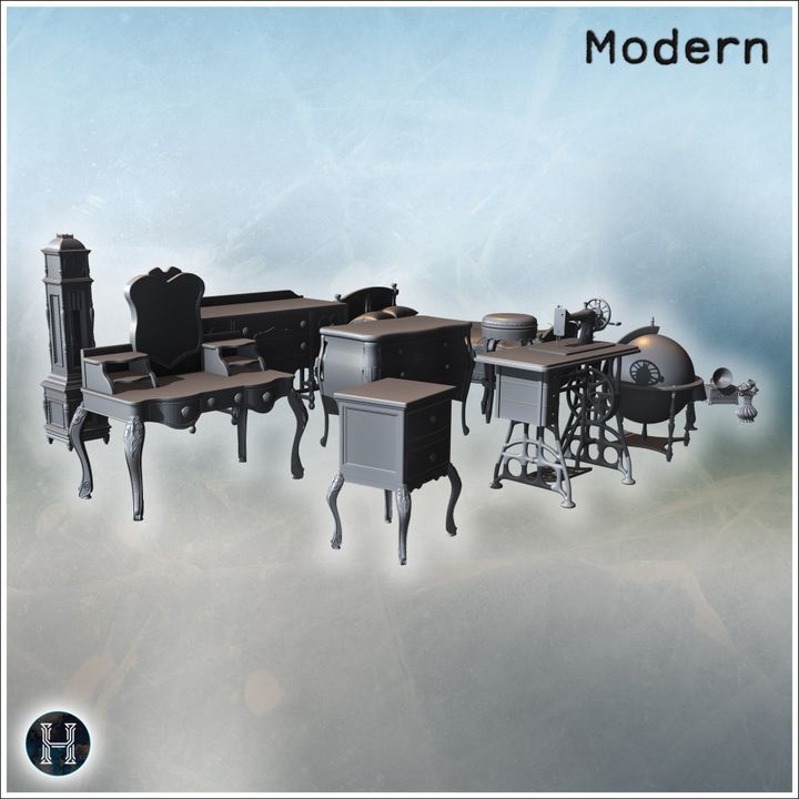 3D Printable Assorted antique furniture with sewing machine, globe ...