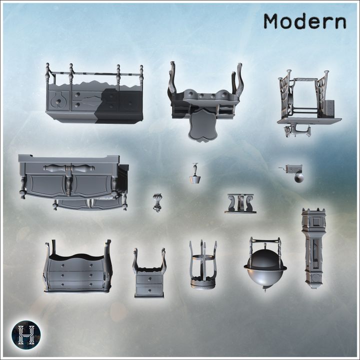3D Printable Assorted antique furniture with sewing machine, globe ...