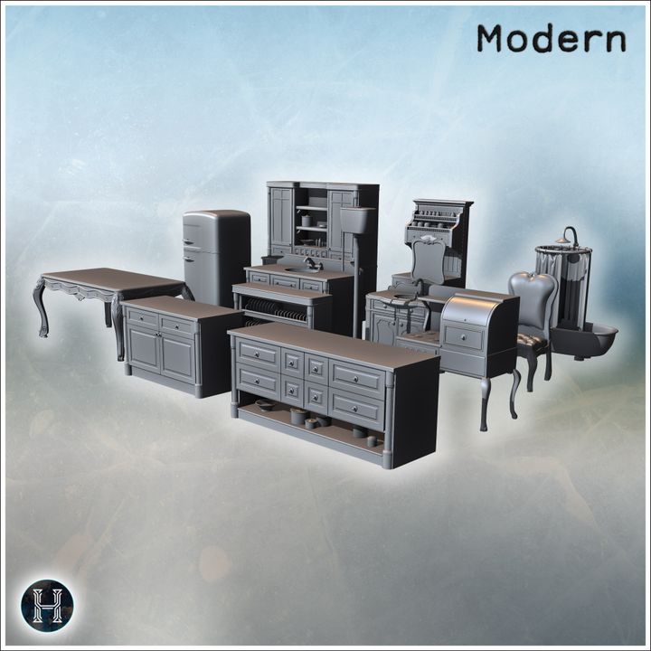 3D Printable Kitchen and dining room furniture with cabinets, table ...