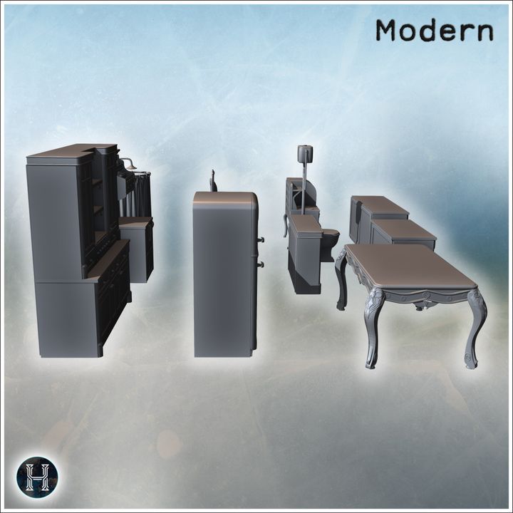 3D Printable Kitchen and dining room furniture with cabinets, table ...