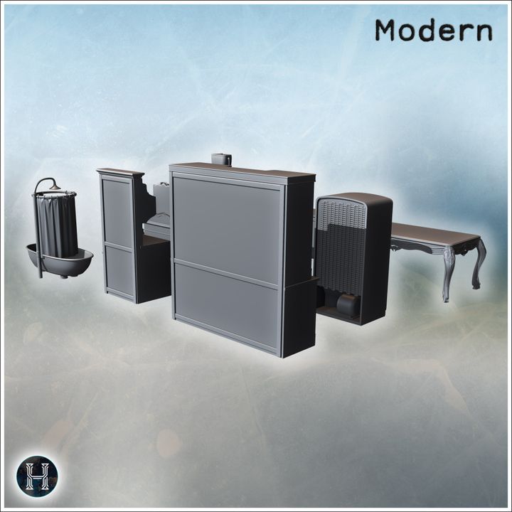 3D Printable Kitchen and dining room furniture with cabinets, table ...