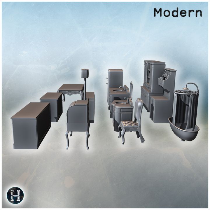 3D Printable Kitchen and dining room furniture with cabinets, table ...