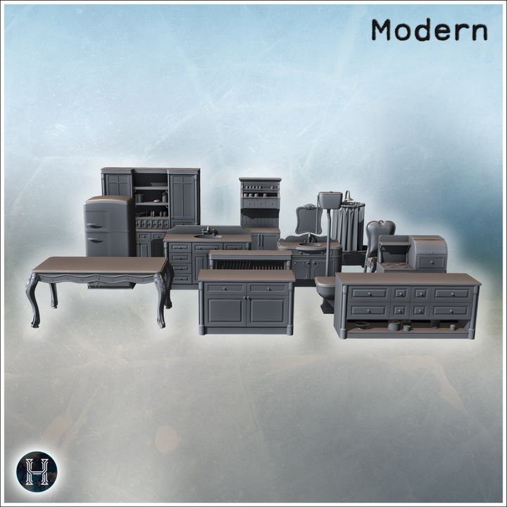 3D Printable Kitchen and dining room furniture with cabinets, table ...