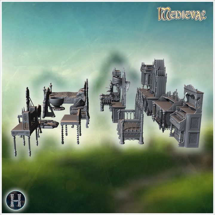 3D Printable Set of rustic furniture featuring a dining table, heating ...