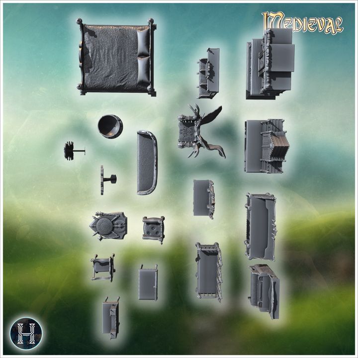 3D Printable Set of rustic furniture featuring a dining table, heating ...