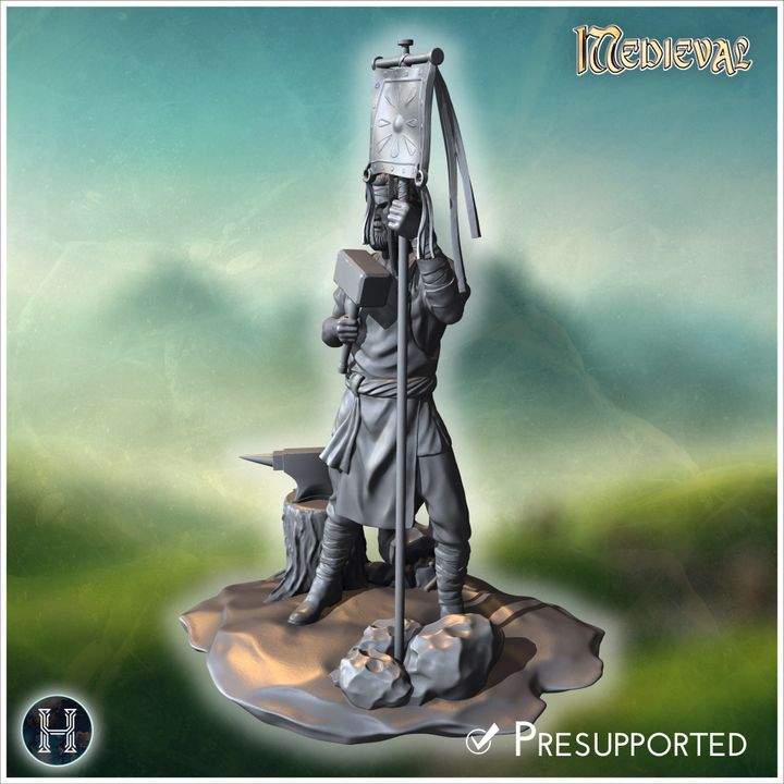 3D Printable Blacksmith figure holding a hammer and banner, standing ...