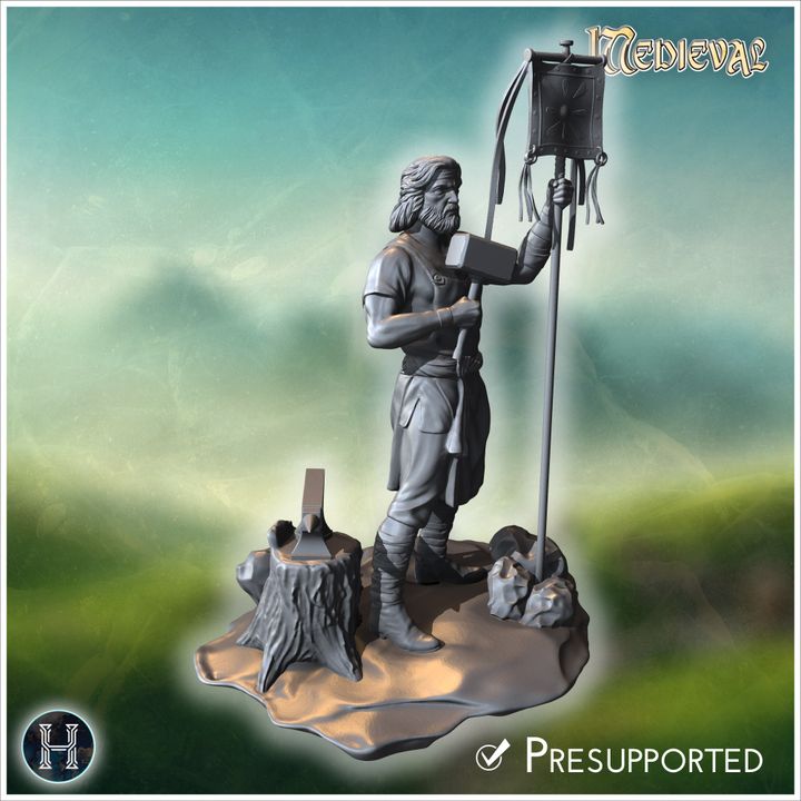 3D Printable Blacksmith figure holding a hammer and banner, standing ...