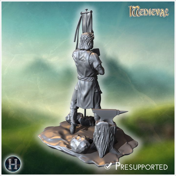 3D Printable Blacksmith figure holding a hammer and banner, standing ...