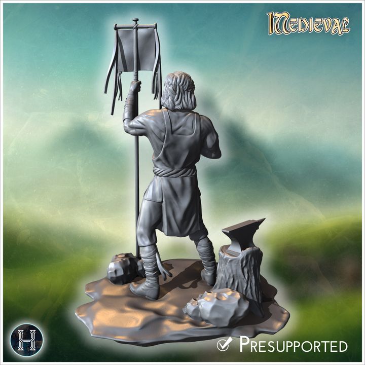 3D Printable Blacksmith figure holding a hammer and banner, standing ...