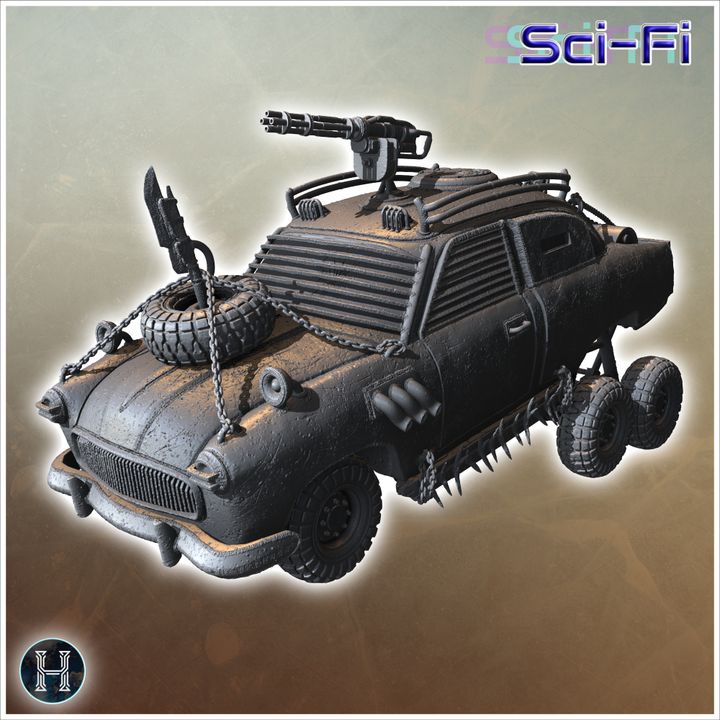 3D Printable Armored vehicle with mounted turret, spiked wheels, and ...