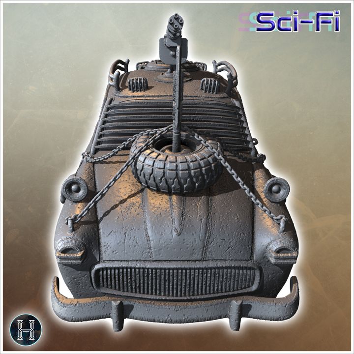 3D Printable Armored vehicle with mounted turret, spiked wheels, and ...