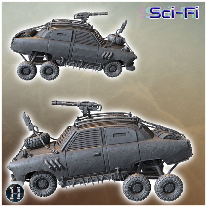 3D Printable Armored vehicle with mounted turret, spiked wheels, and ...