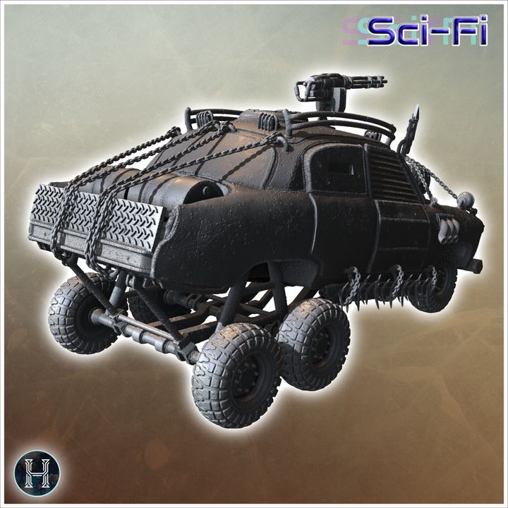 3D Printable Armored vehicle with mounted turret, spiked wheels, and ...