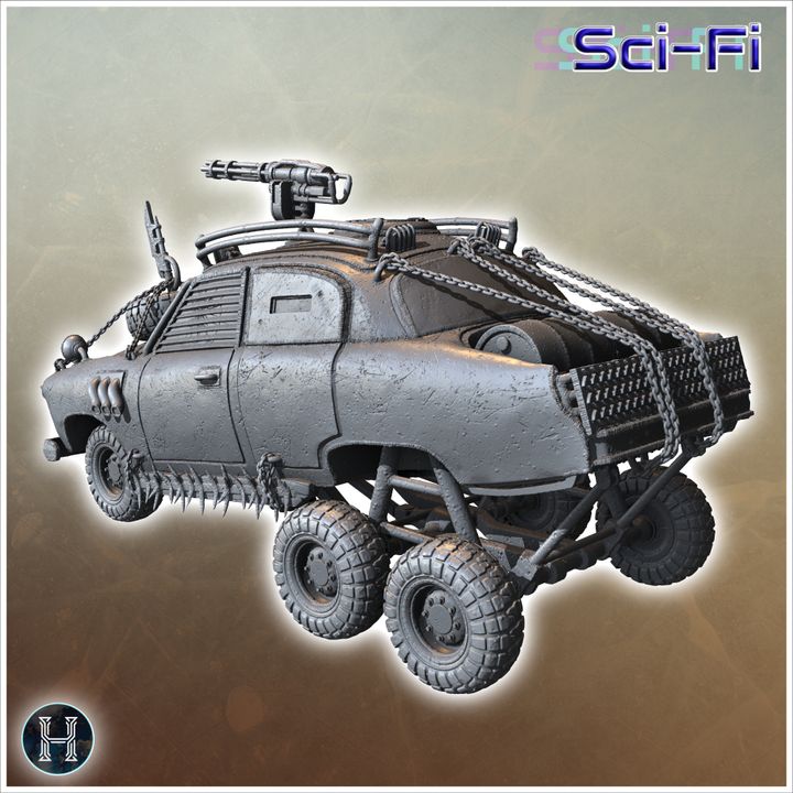 3D Printable Armored vehicle with mounted turret, spiked wheels, and ...