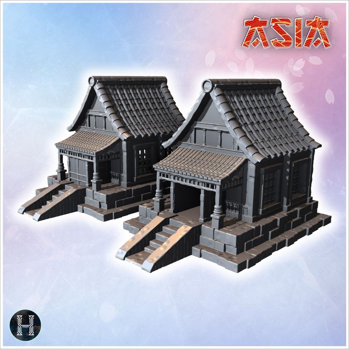 3D Printable Twin traditional Japanese buildings with stone steps ...