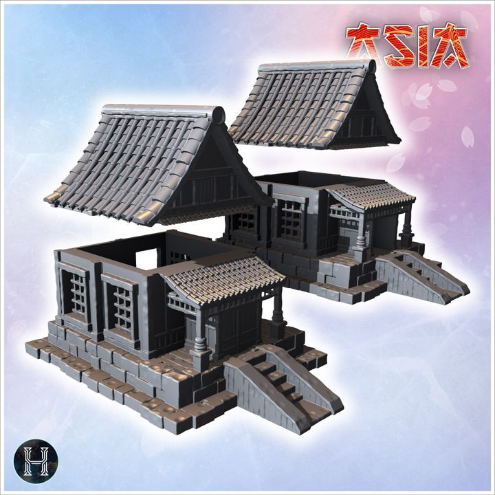 3D Printable Twin traditional Japanese buildings with stone steps, wooden pillars, and tiled ...
