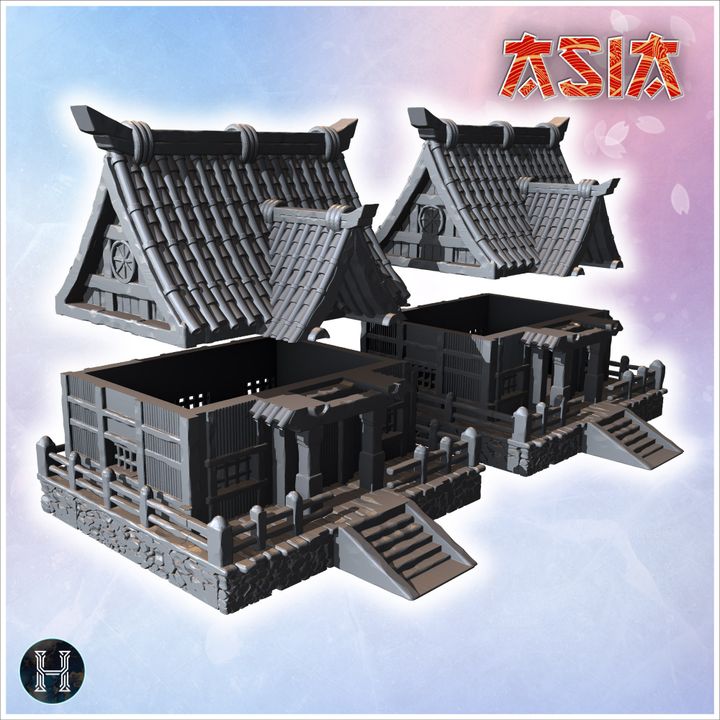 3D Printable Traditional Japanese houses with wooden railings, steep ...