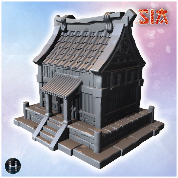 3D Printable Traditional Japanese structure with wooden porch, stone ...