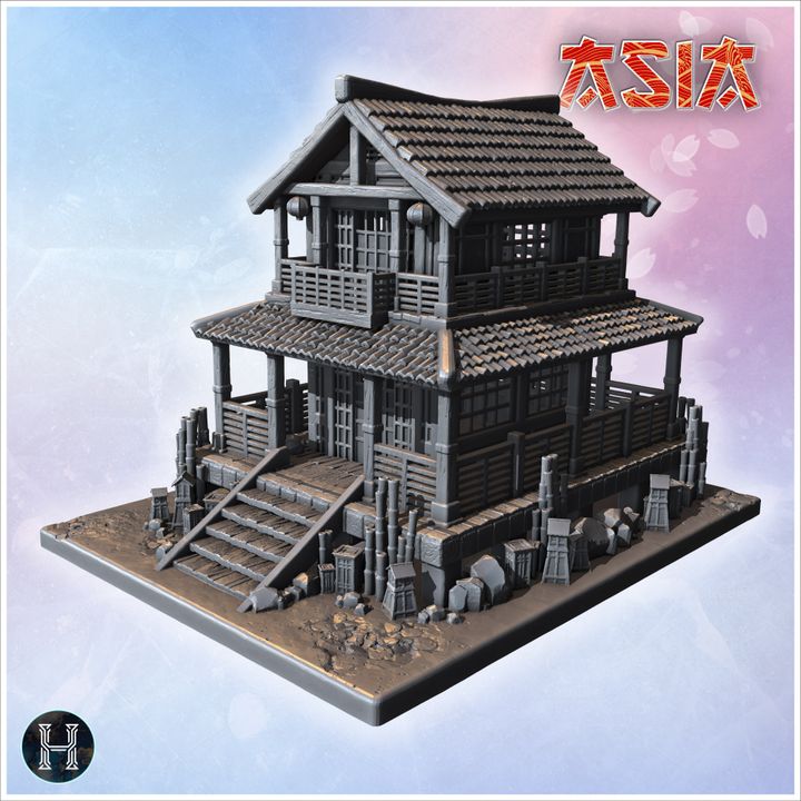 3D Printable Two-story wooden Japanese house with tiled roof, balcony ...
