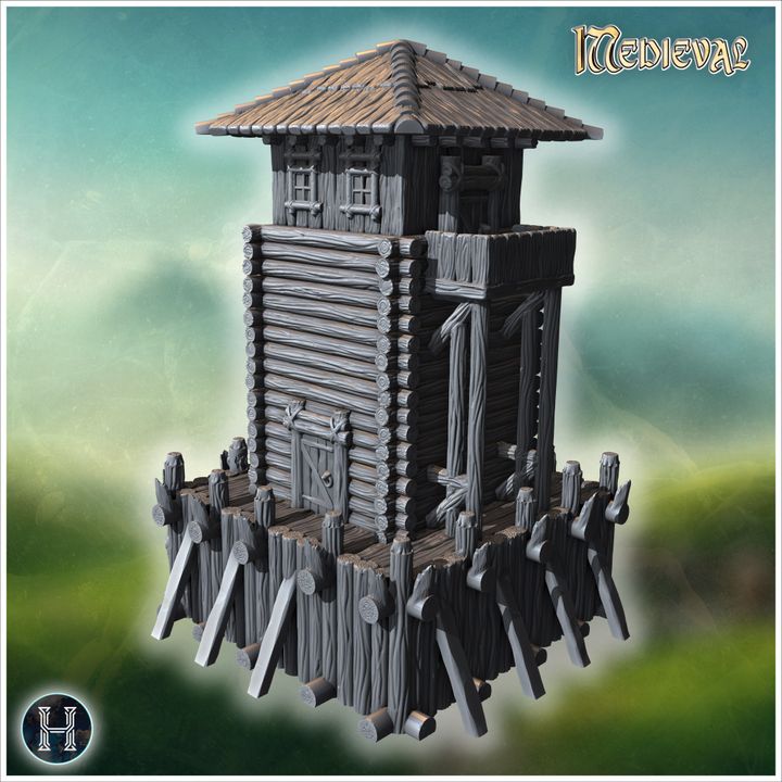 3D Printable Wooden watchtower with fortified palisade, elevated ...