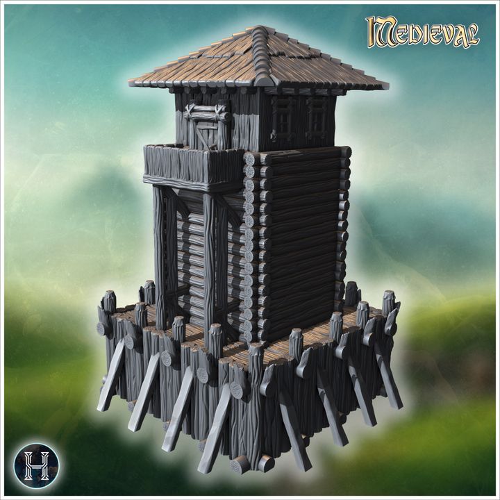 3D Printable Wooden watchtower with fortified palisade, elevated ...