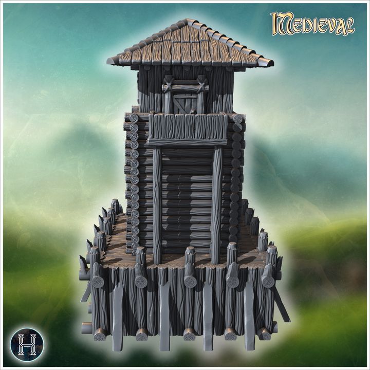 3D Printable Wooden watchtower with fortified palisade, elevated ...