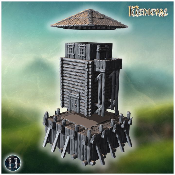 3D Printable Wooden watchtower with fortified palisade, elevated ...