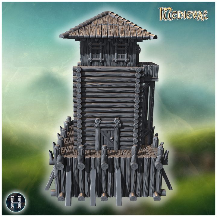 3D Printable Wooden watchtower with fortified palisade, elevated ...