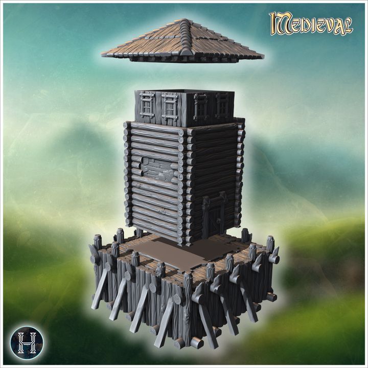 3D Printable Wooden watchtower with fortified palisade, elevated ...