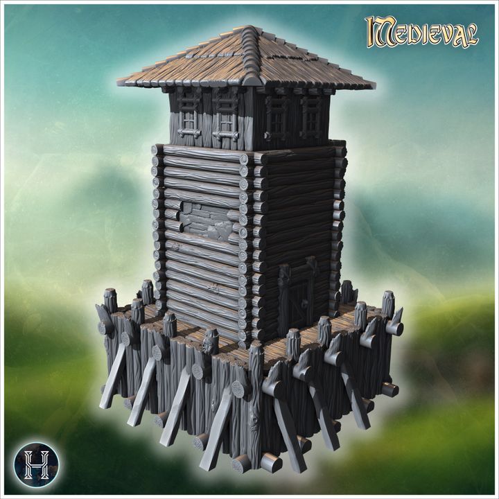 3D Printable Wooden watchtower with fortified palisade, elevated ...