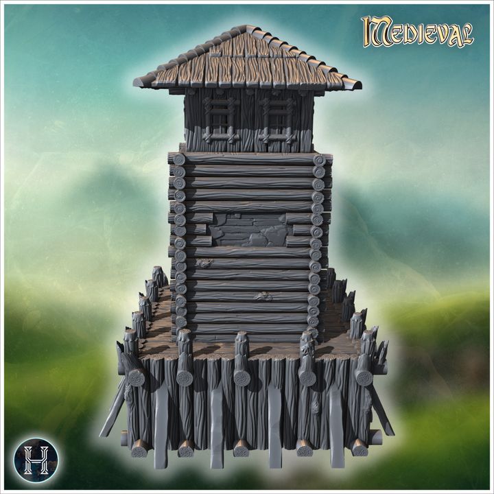 3D Printable Wooden watchtower with fortified palisade, elevated ...