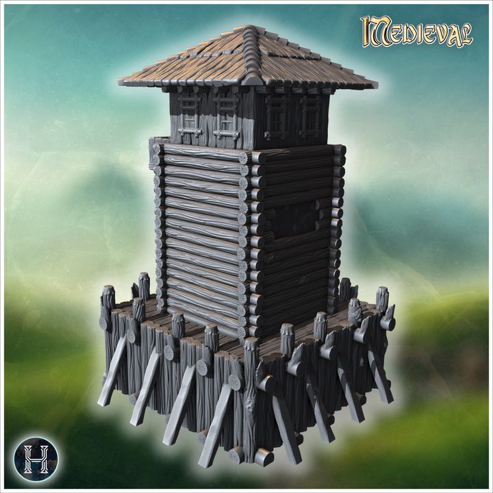 3D Printable Wooden watchtower with fortified palisade, elevated ...