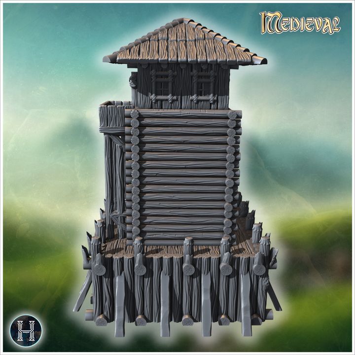 3D Printable Wooden watchtower with fortified palisade, elevated ...