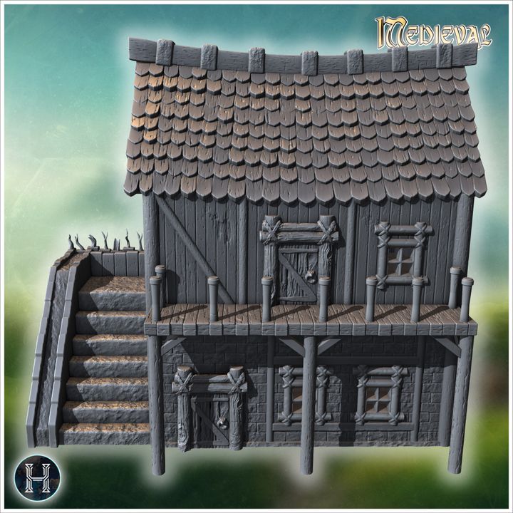3D Printable Medieval wooden house with stone foundation, detailed ...